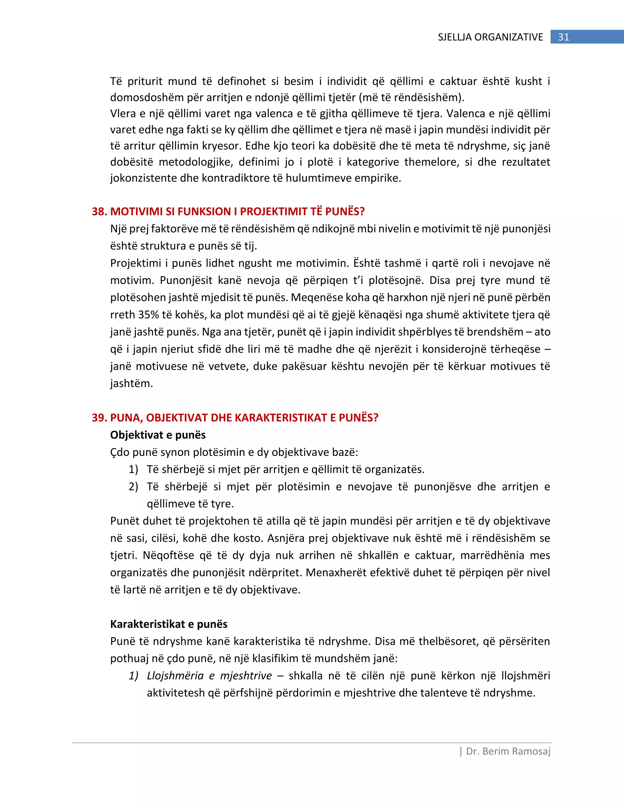 SJELLJA ORGANIZATIVE - Dr. Berim Ramosaj (Pyetjet e provimeve) | PDF