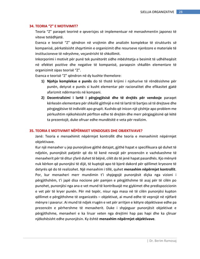 SJELLJA ORGANIZATIVE - Dr. Berim Ramosaj (Pyetjet e provimeve) | PDF