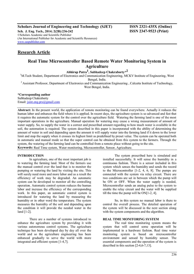 Real Time Microcontroller Based Remote Water Monitoring System in Agriculture | PDF