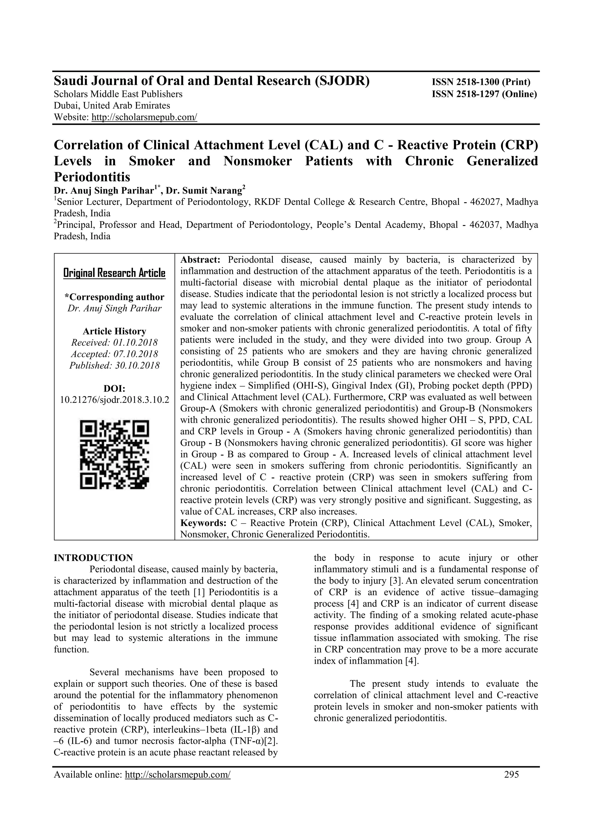 Correlation of Clinical Attachment Level (CAL) and C - Reactive Protein ...