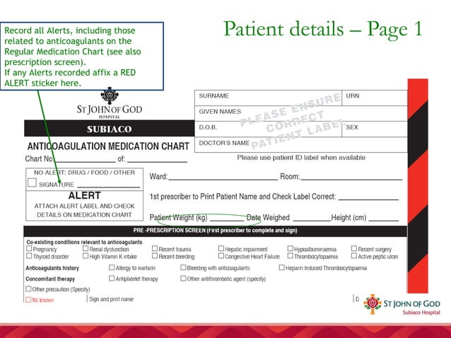 SJOG Subiaco Hospital: Anti Coagulation Chart | PPT