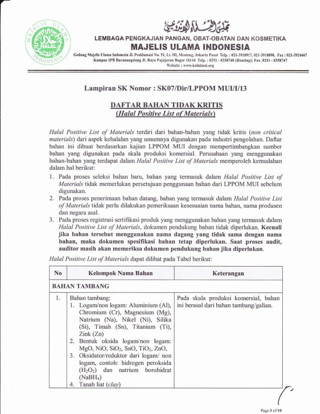 Sk07.i.2013 daftar bahan tidak kritis (halal positive list of materials ...
