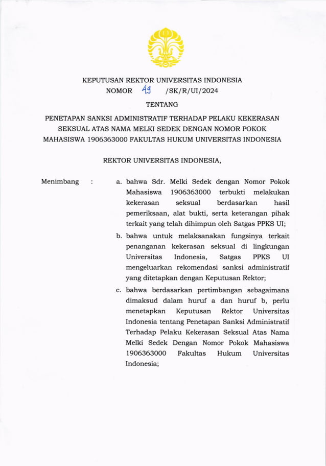 SK 2024 NO 49 Tentang Penetapan Sanksi Administratif Terhadap Pelaku Kekerasan Seksual Atas nama ...