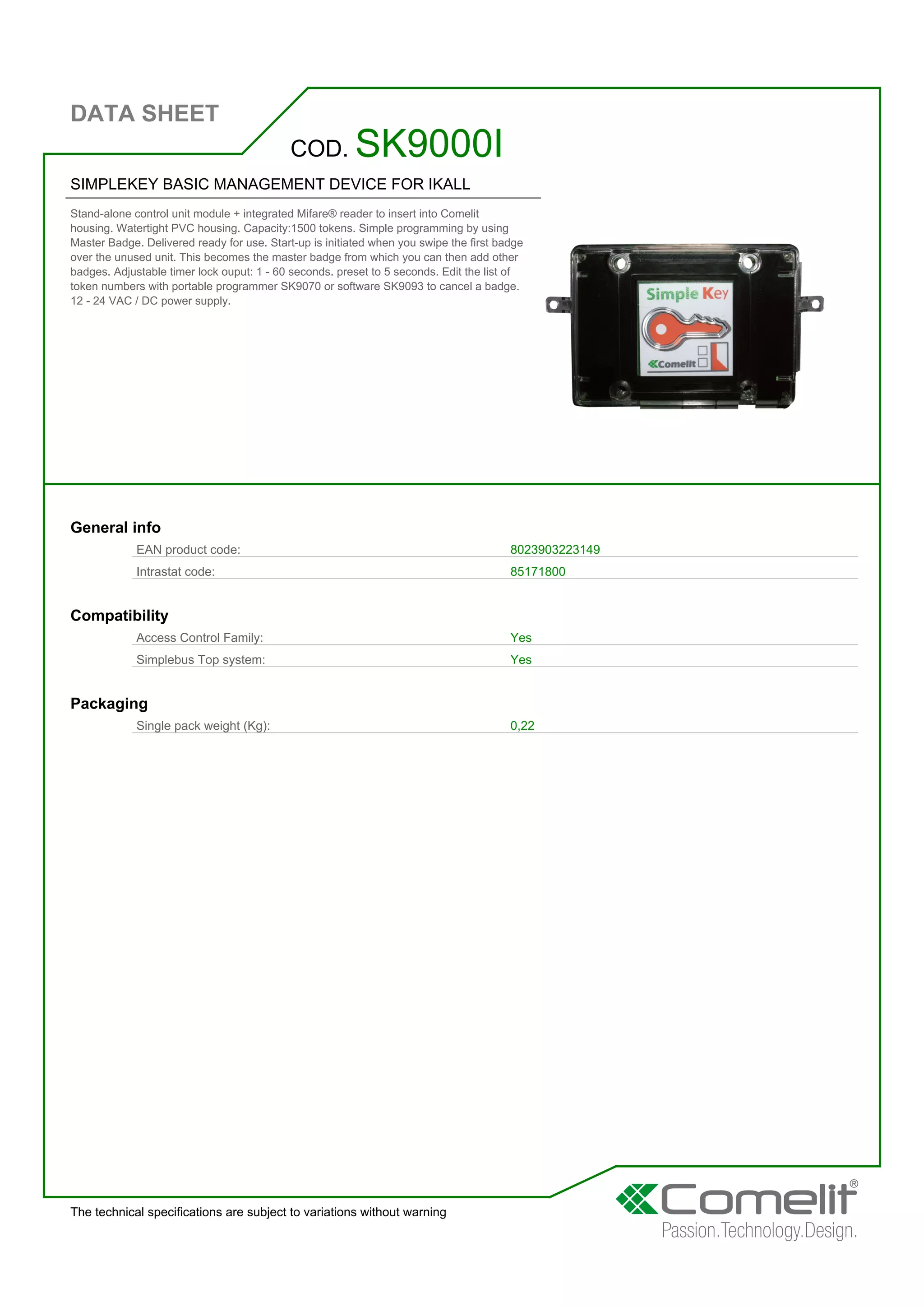 Comelit SK9000I Data Sheet | PDF