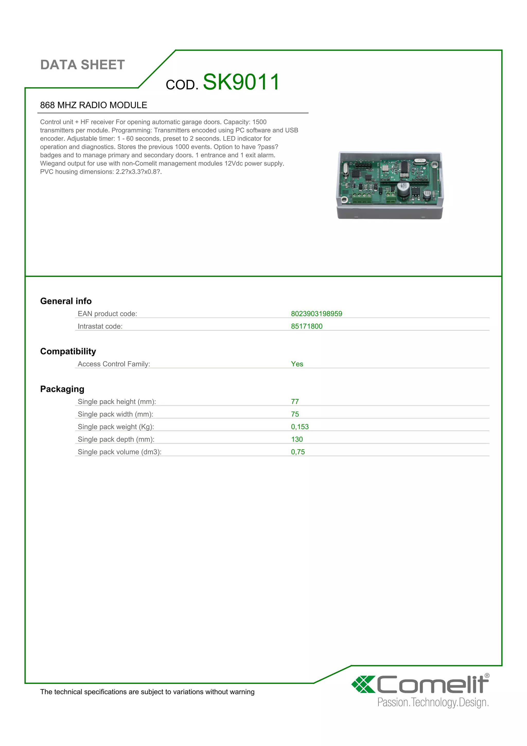 Comelit SK9011 Data Sheet | PDF