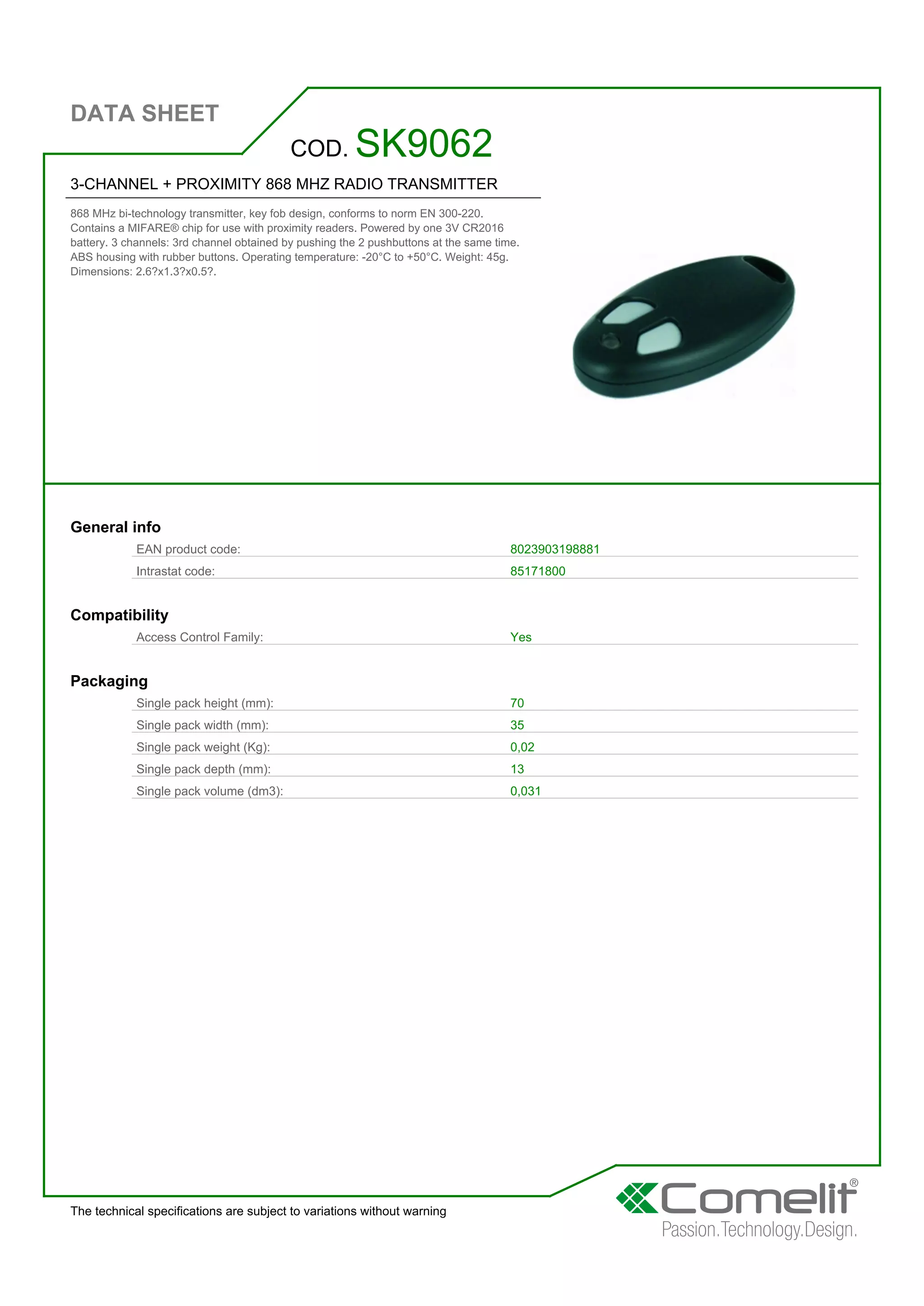 Comelit SK9062 Data Sheet | PDF