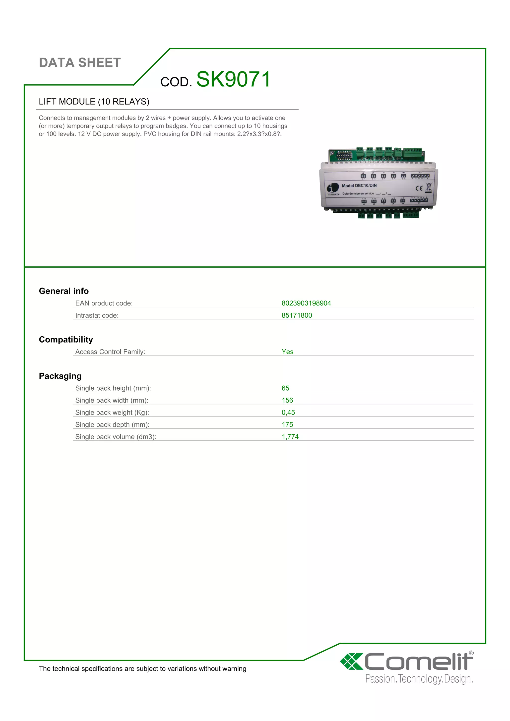 Comelit SK9071 Data Sheet | PDF