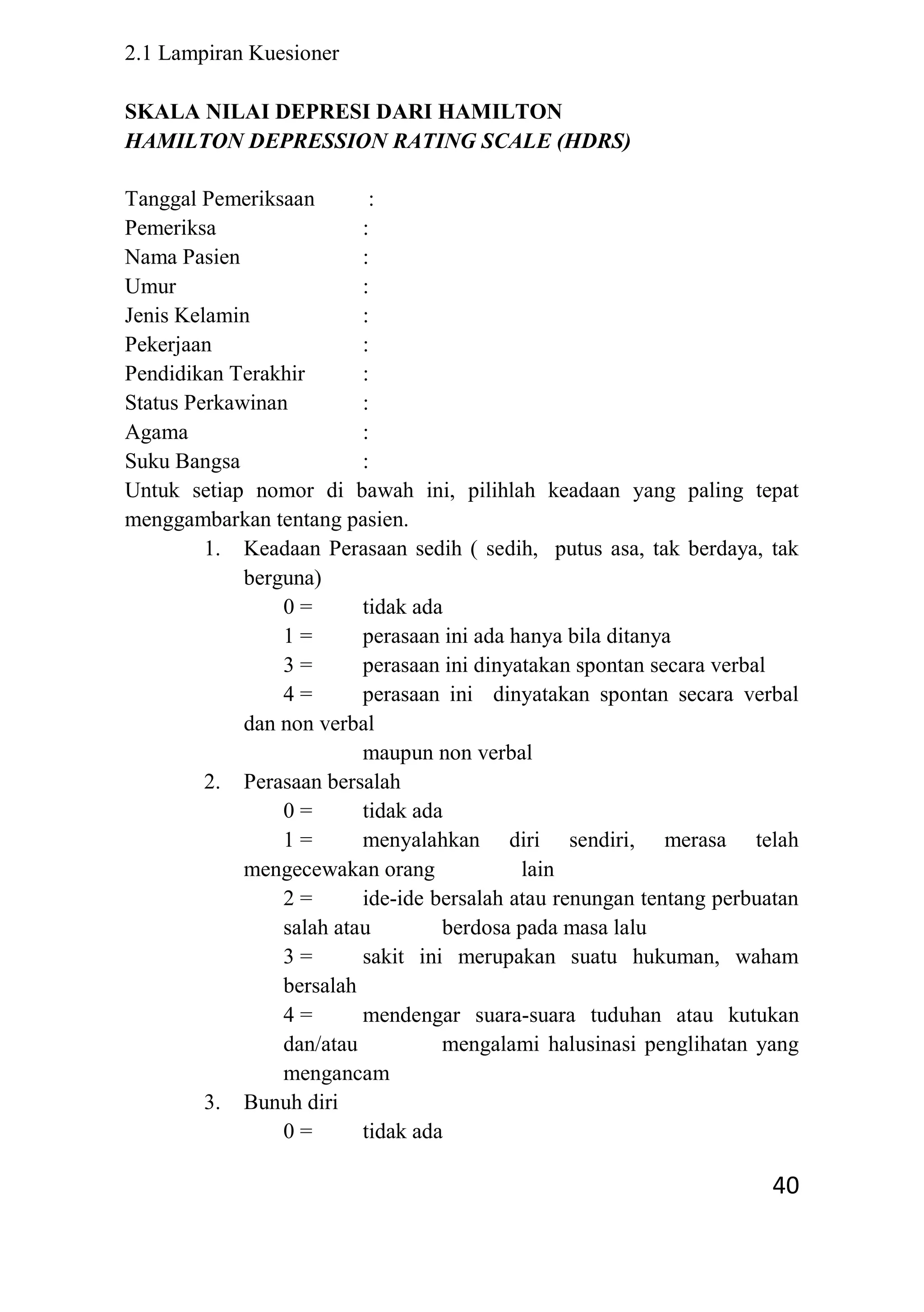 Skala nilai depresi dari hamilton 1 | PDF