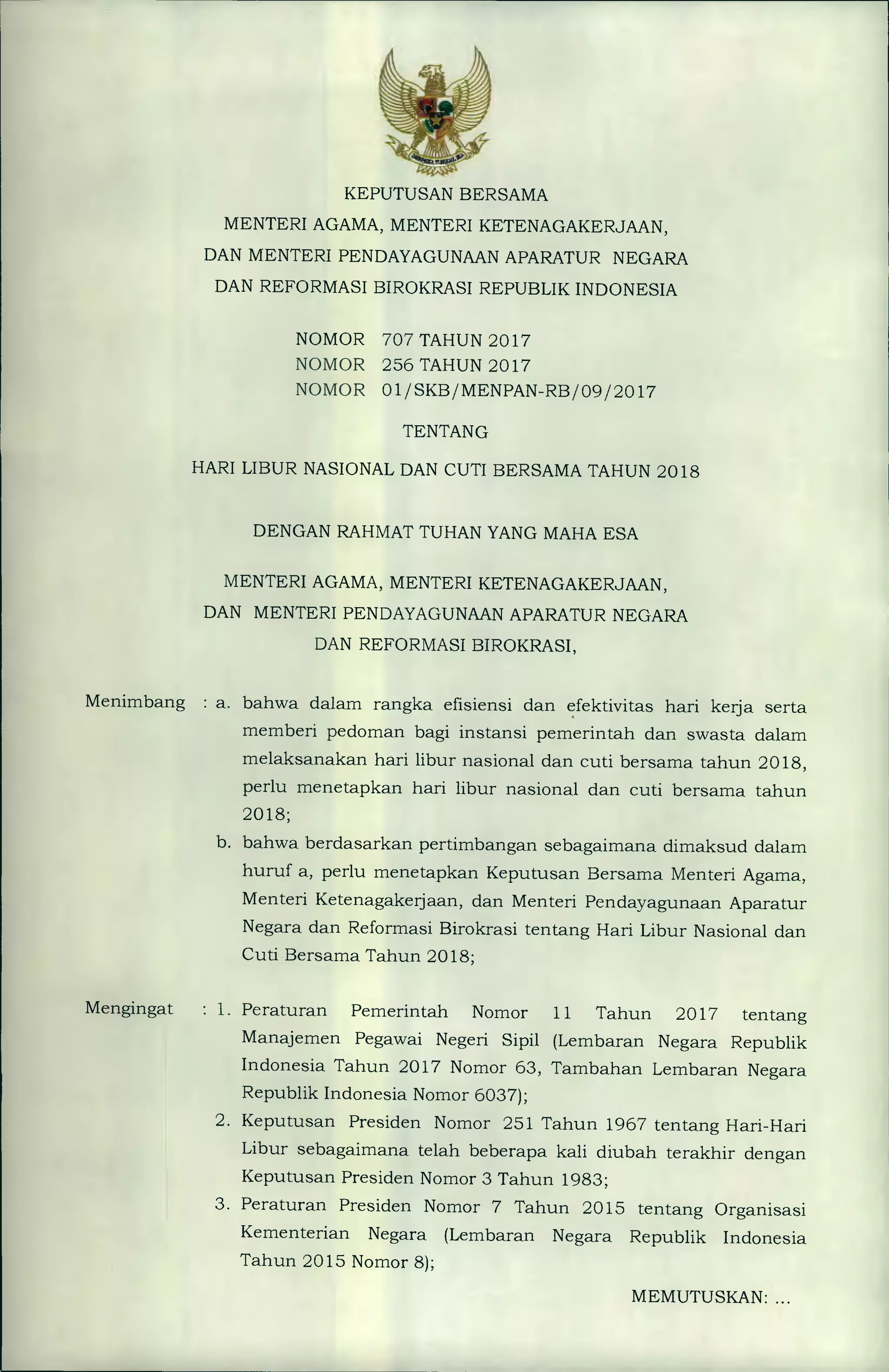 Surat Keputusan Bersama (SKB) Nomor 707 Tahun 2017, Nomor 256 Tahun 2017, Nomor:01/Skb/Menpan-Rb ...