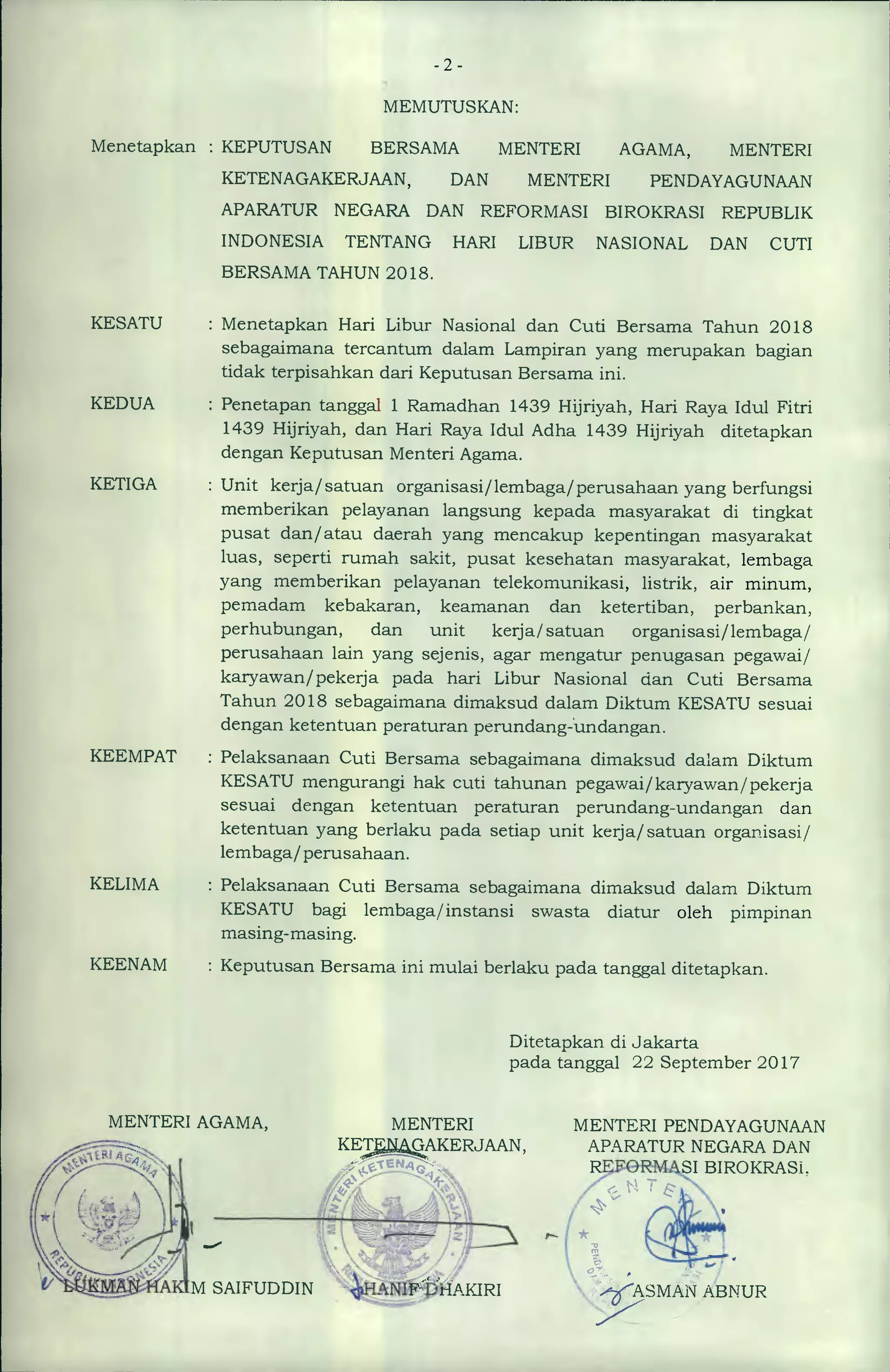 Surat Keputusan Bersama (SKB) Nomor 707 Tahun 2017, Nomor 256 Tahun 2017, Nomor:01/Skb/Menpan-Rb ...