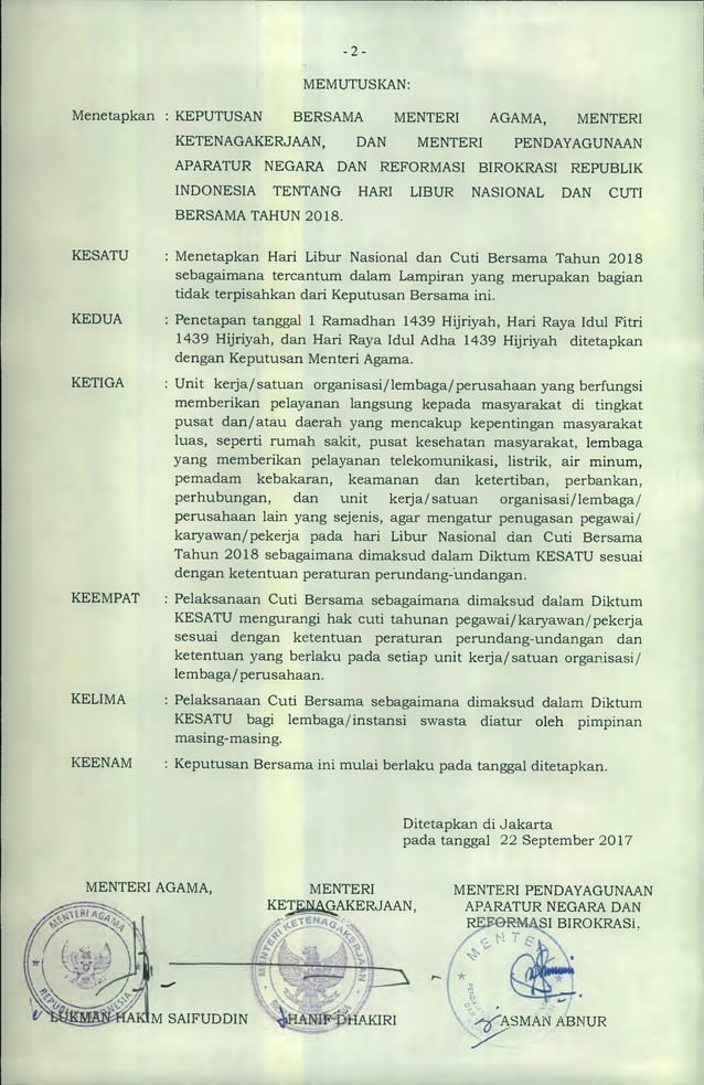 Surat Keputusan Bersama (SKB) Nomor 707 Tahun 2017, Nomor 256 Tahun 2017, Nomor:01/Skb/Menpan-Rb ...