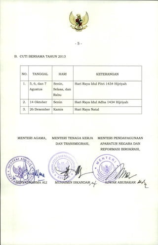 Skb 3 menteri tentang hari libur nasional dan cuti bersama 2013 | PDF