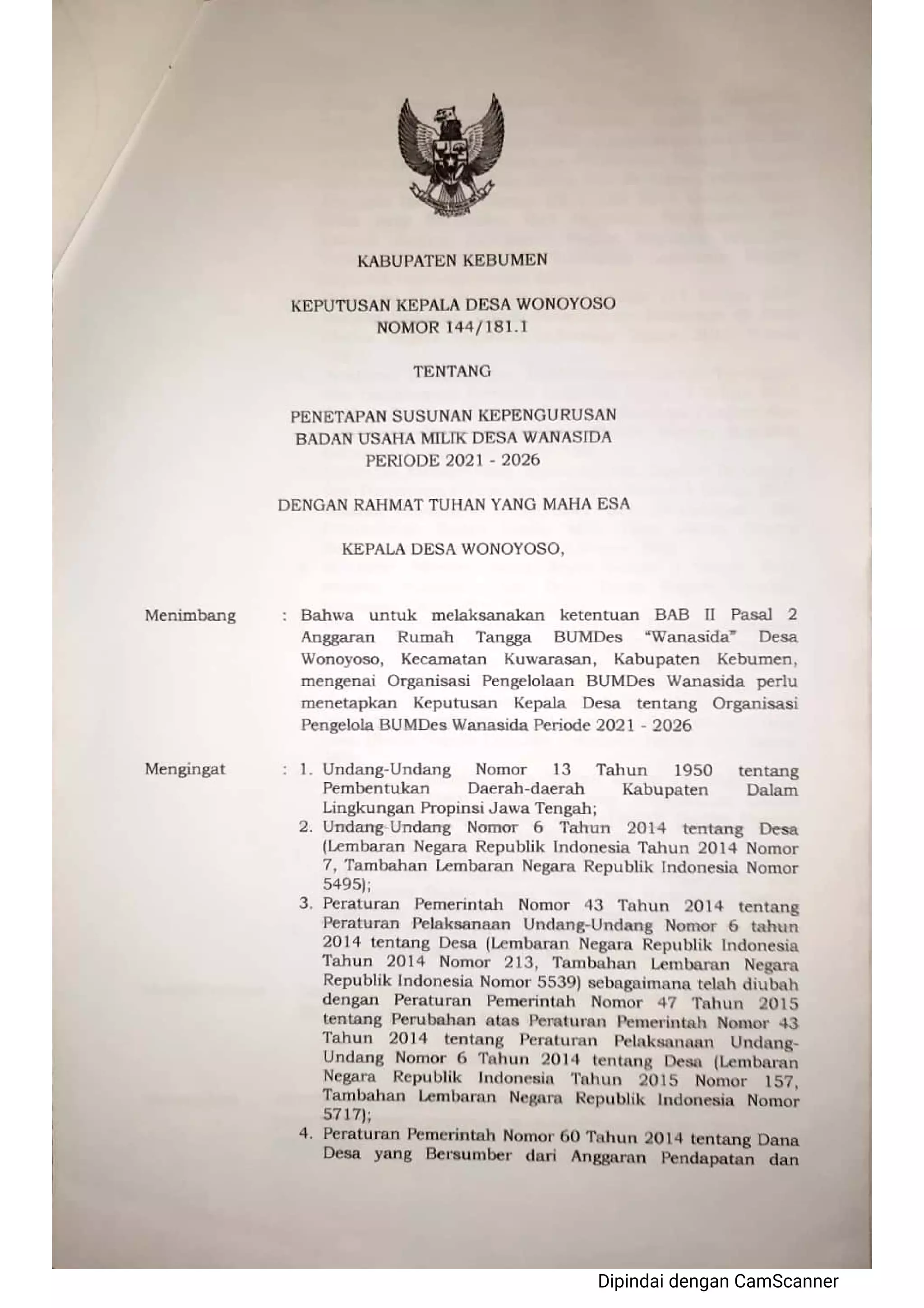 SURAT KEPUTUSAN KEPALA DESA TENTANG PENETAPAN SUSUNAN KEPENGURUSAN ...