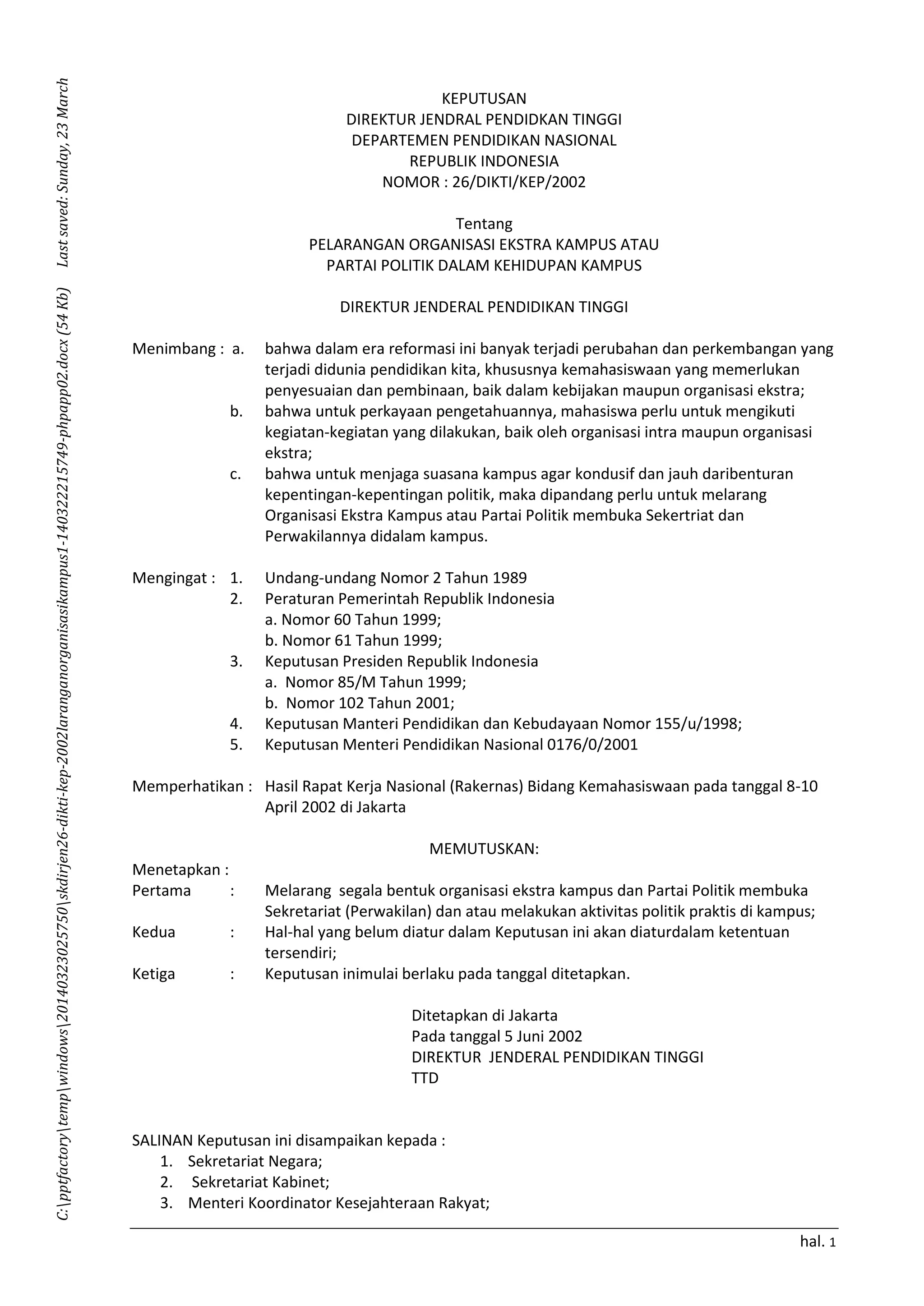 Sk dirjen26 dikti-kep-2002- larangan organisasi kampus | DOCX