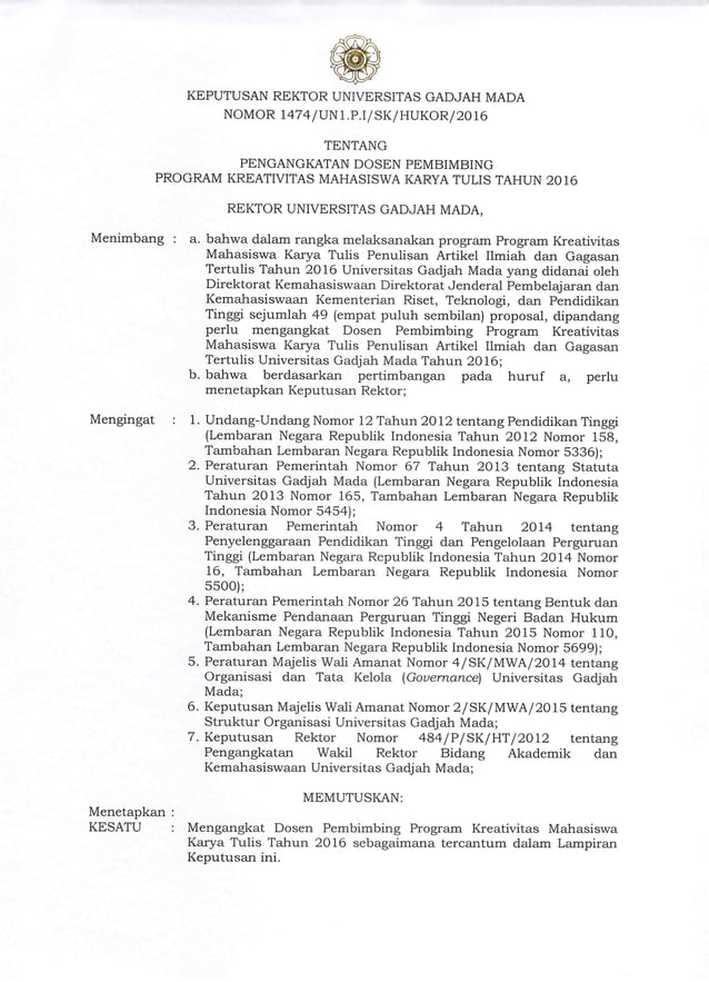 SK Dosen Pembimbing PKM-KT 2016 | PDF