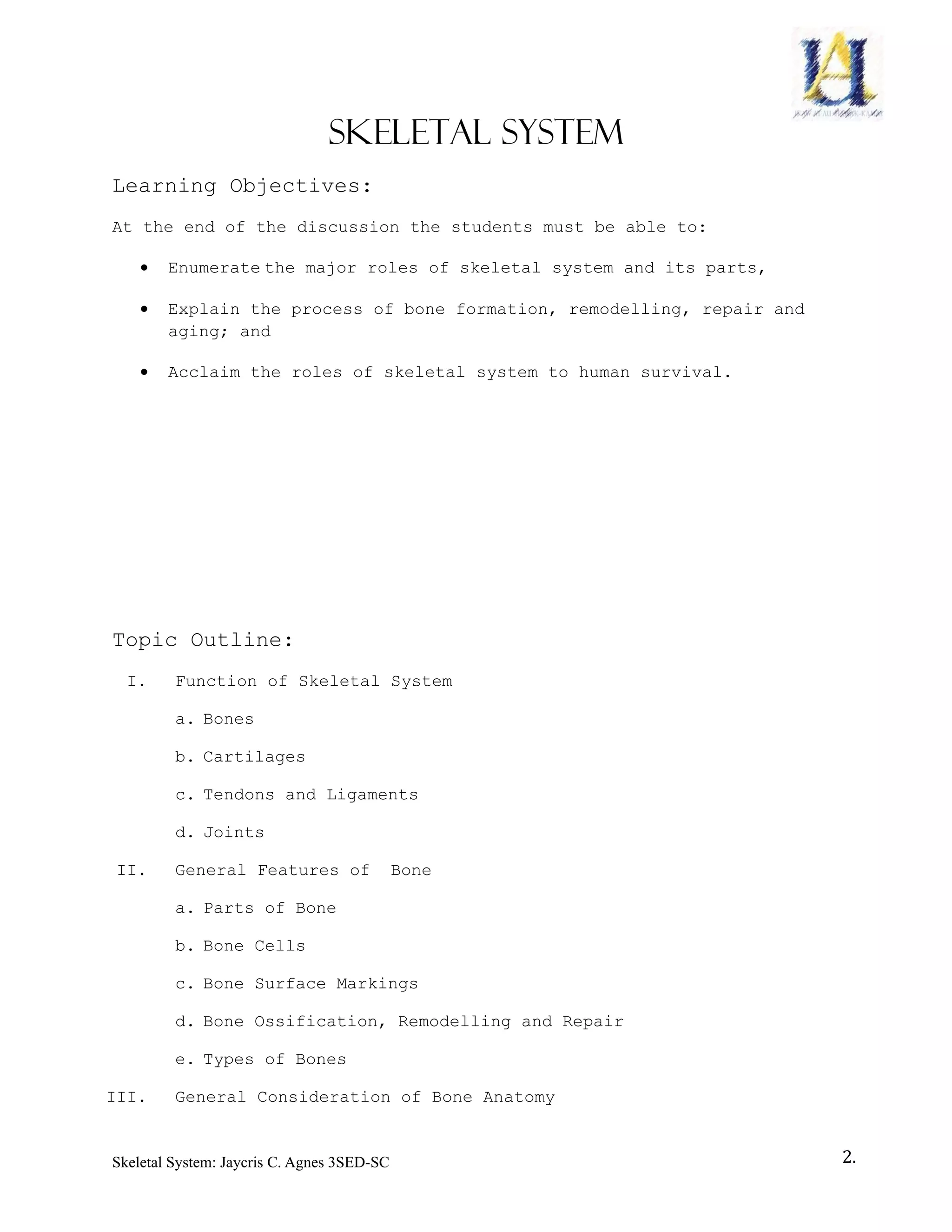 Skeletal System Hand Out | DOC | Bone and Joint Conditions | Diseases ...