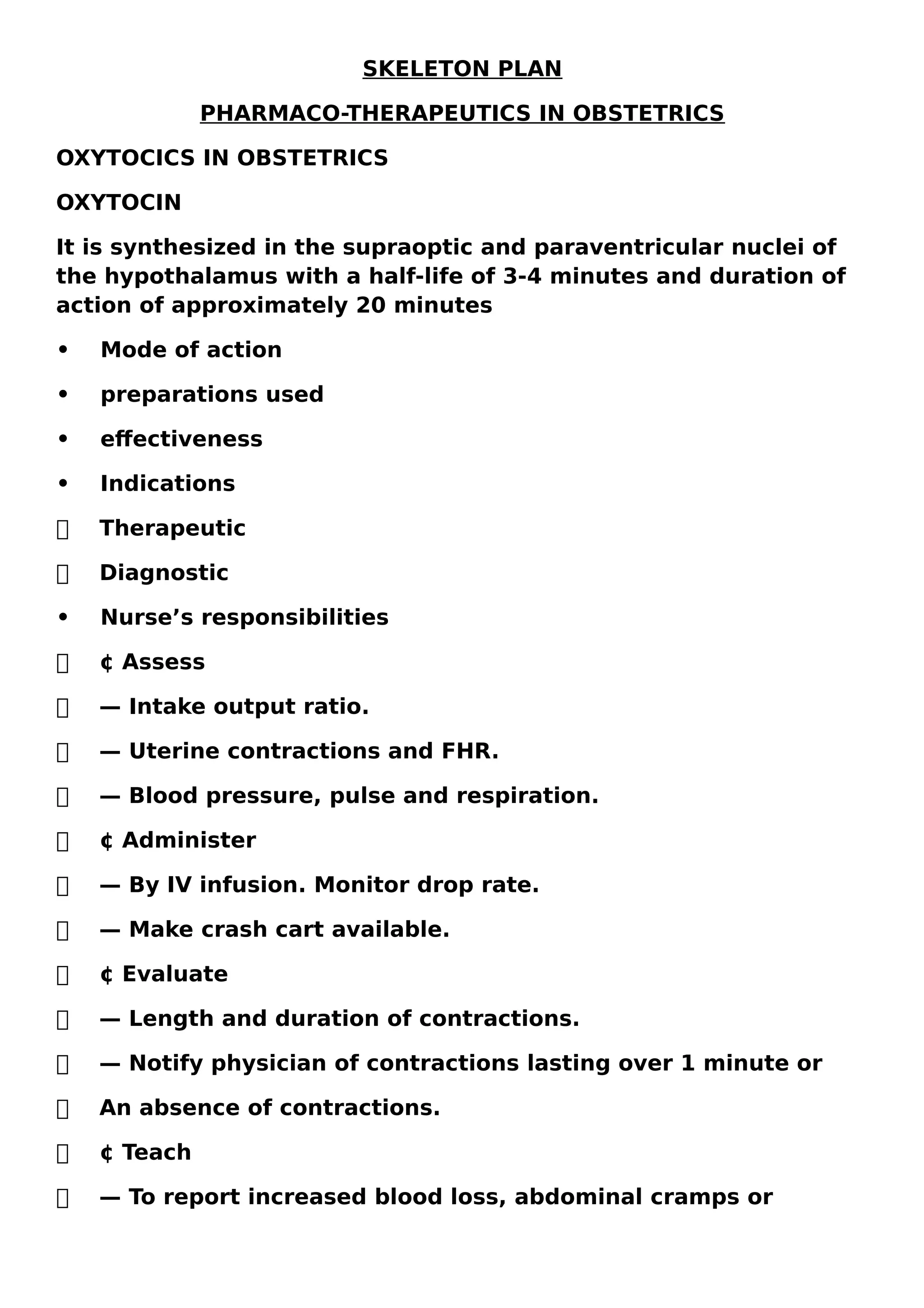 Skeleton plan on drugs used in obstetrics | PDF