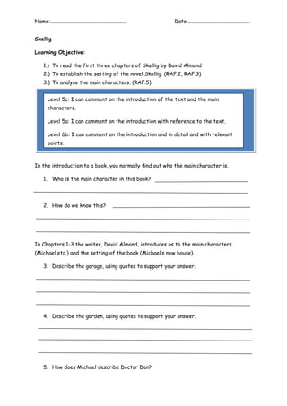 Skellig reading assessment | DOCX