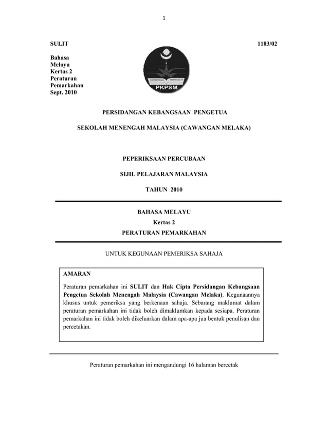 Skema bahasa melayu k2-percubaan-spm 2010-set2-melaka | PDF