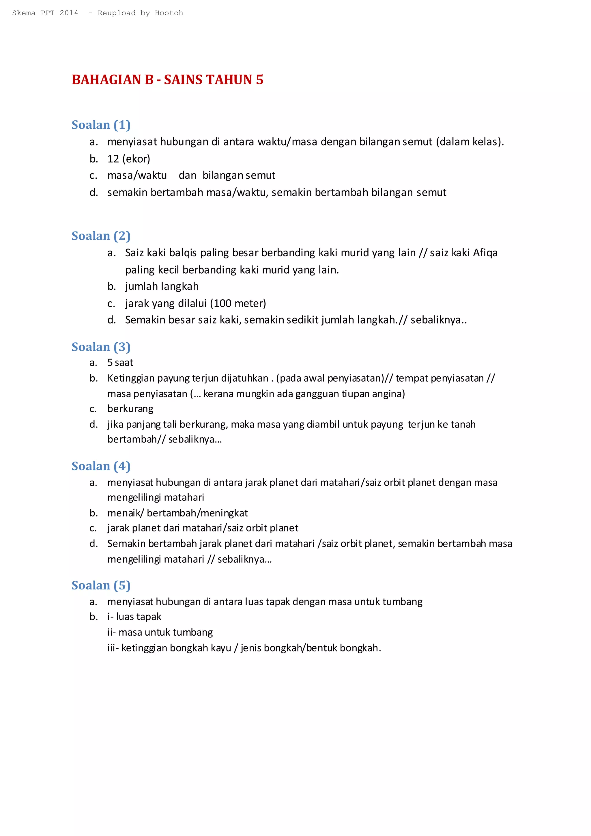 SKEMA PEMARKAHAN SAINS TAHUN 5 PPT 2014 | PDF