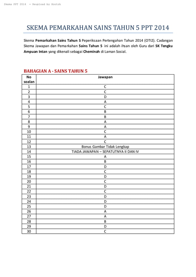 SKEMA PEMARKAHAN SAINS TAHUN 5 PPT 2014 | PDF