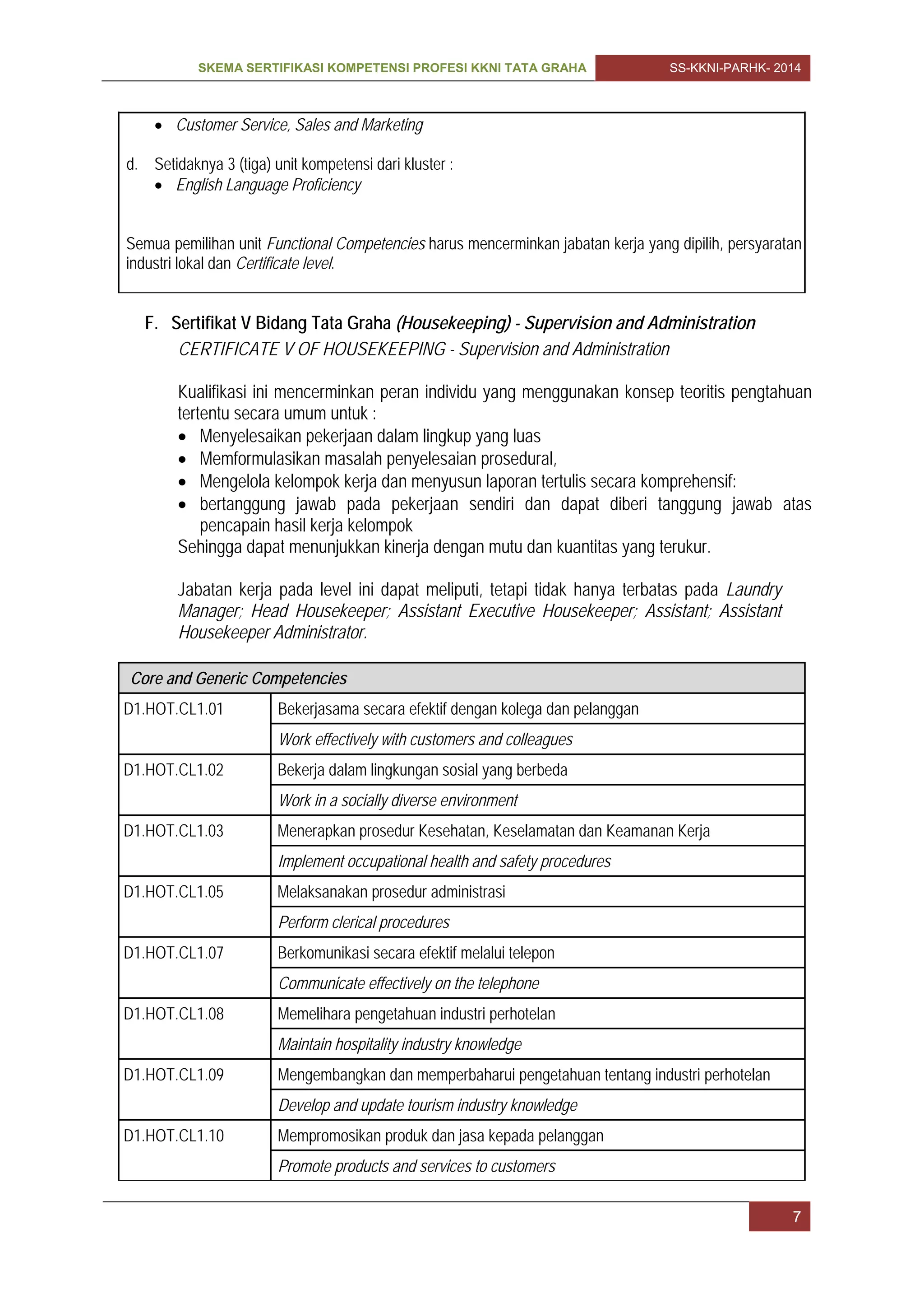 Skema sertifikasi kkni housekeeping 2014 | PDF