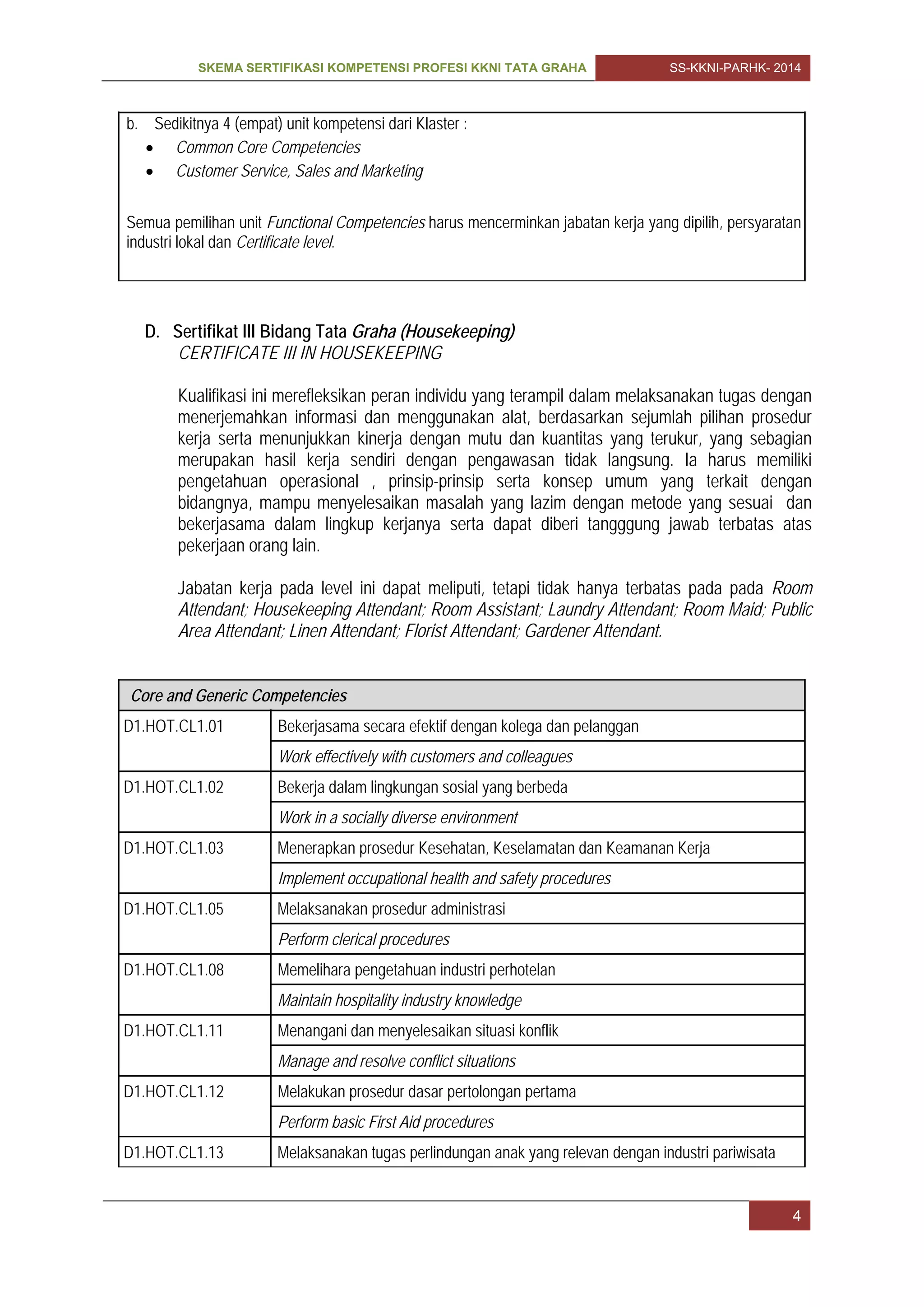 Skema sertifikasi kkni housekeeping 2014 | PDF