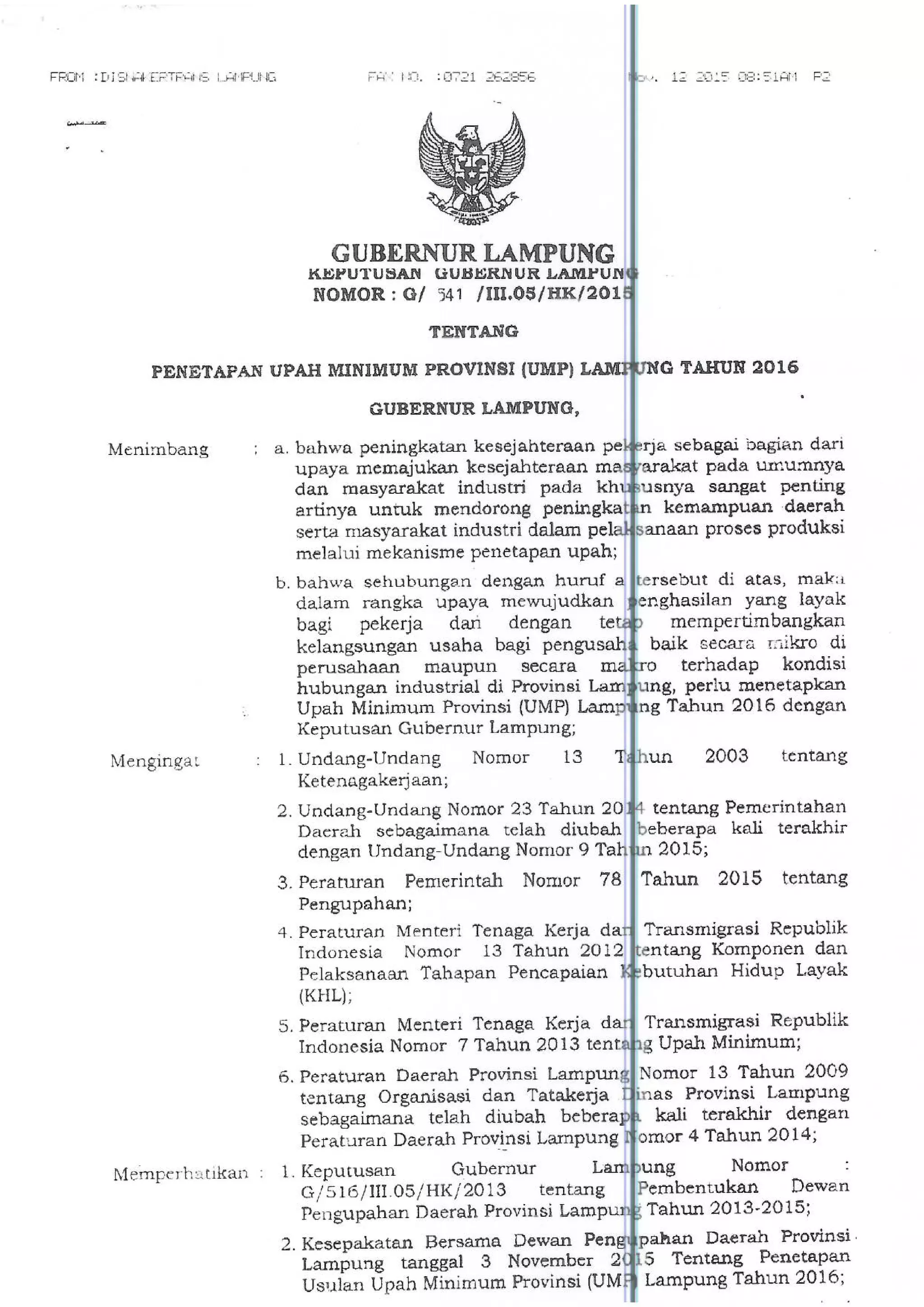 Sk gub prov lampung ump 2016 | PDF