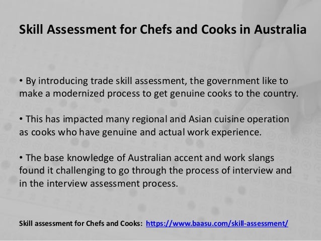 Skill assessment for chef and cook australia