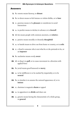 501 Synonyms and Antonyms Questions | PDF