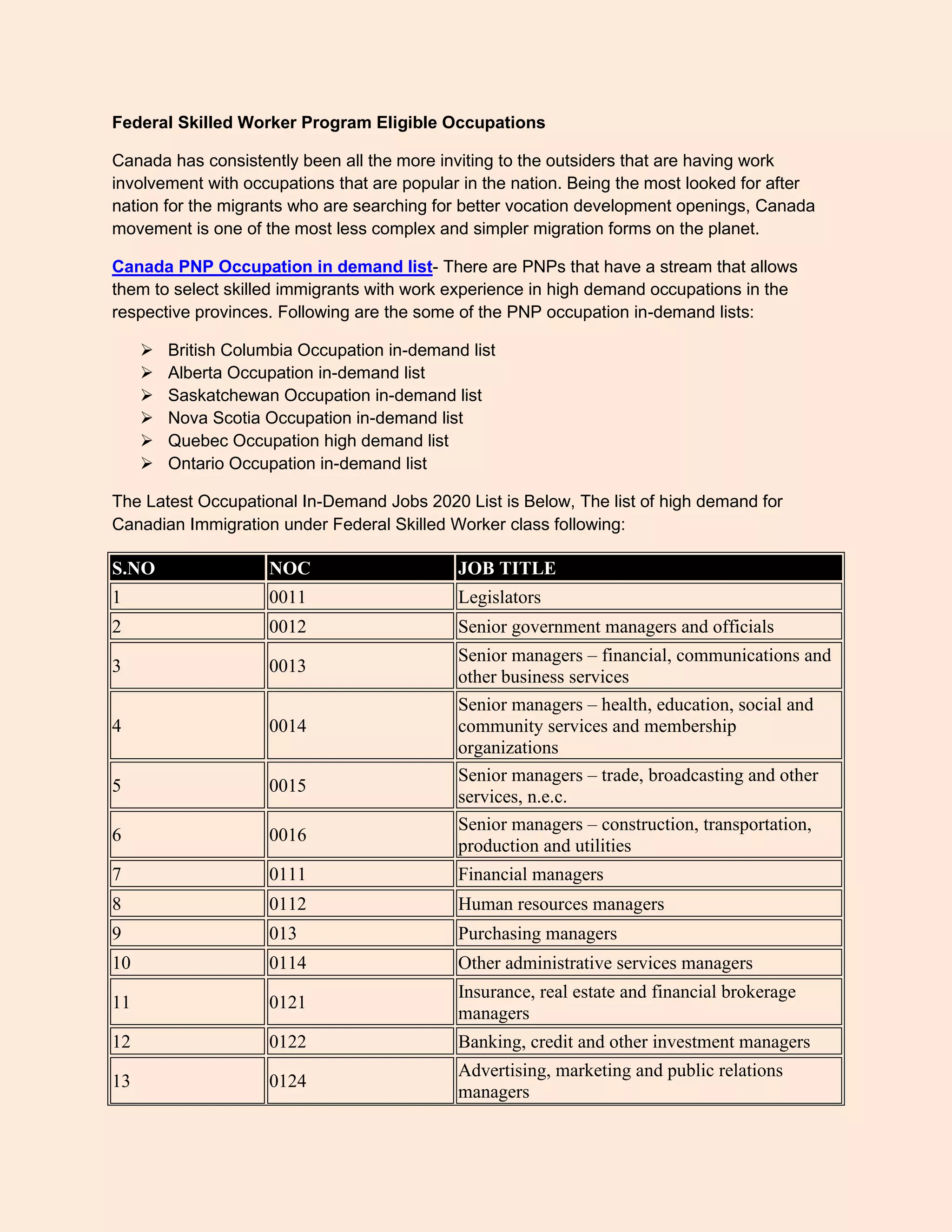 Skilled Occupation List of Canada 2020 | Jobs Demand List | PDF
