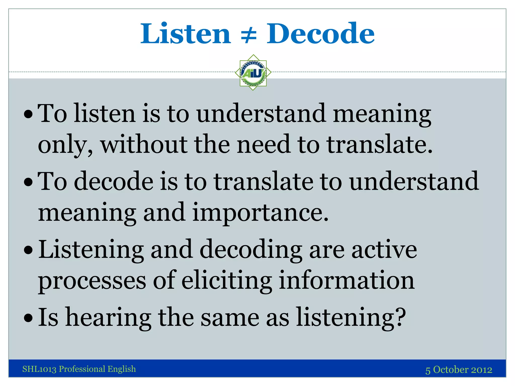Decoding Skills - Listening | PDF