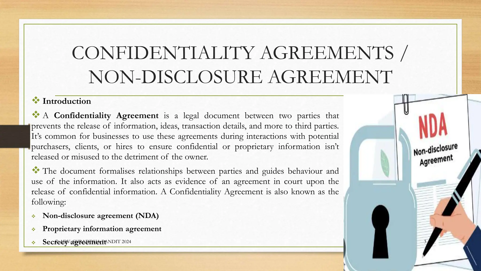 Confidentiality Agreements/Non-Disclosure Agreements by Shraddha Pandit | PPTX