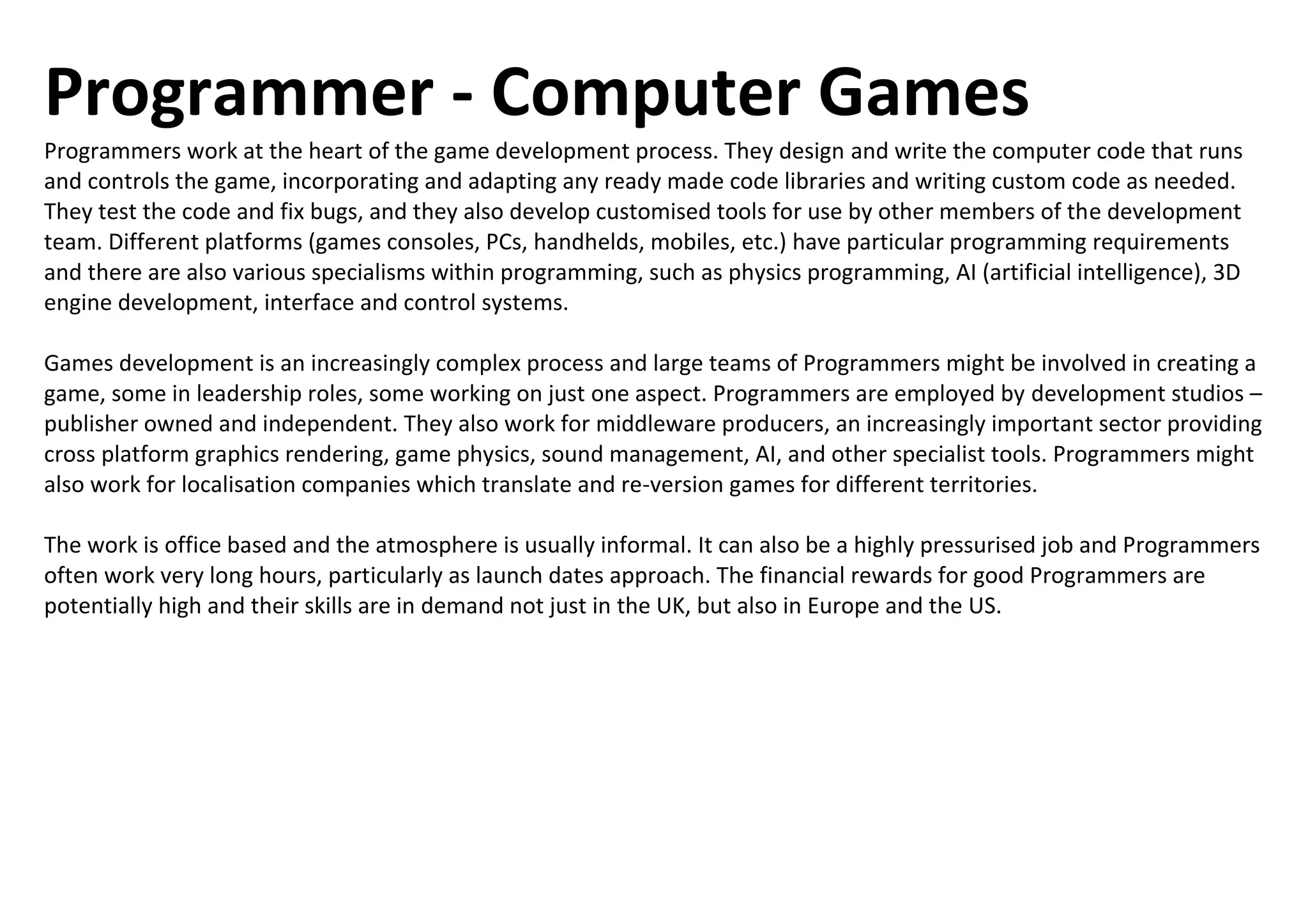 Skillset Job Roles in the Games Industry | DOCX