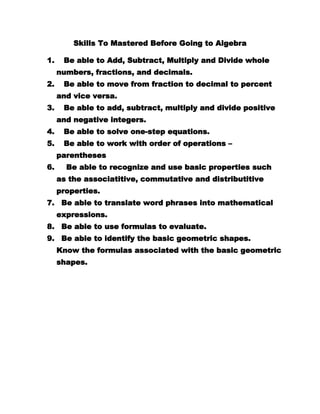 Skills to mastered before going to algebra | PDF