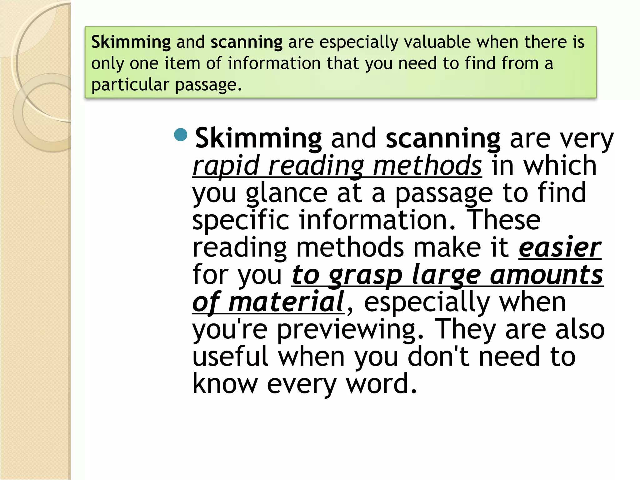 Skimming and Scanning a key Reading Comprehension Skill | PPT
