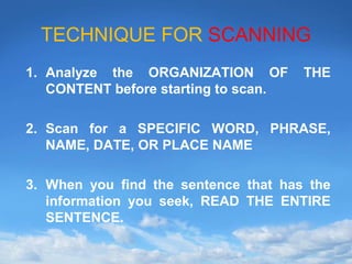READING SKILLS: Skimming & Scanning | PPT