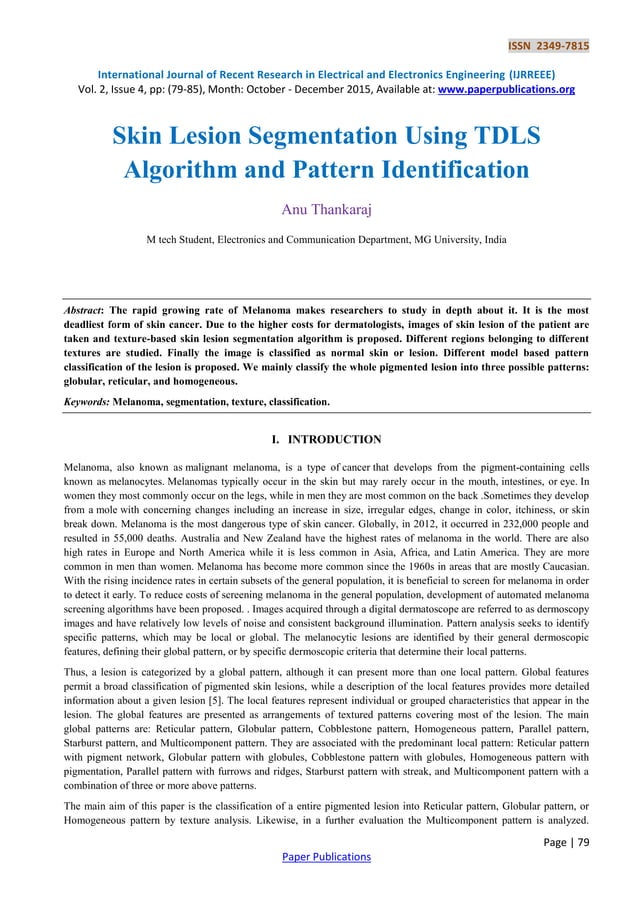Skin Lesion Segmentation Using TDLS Algorithm and Pattern Identification | PDF