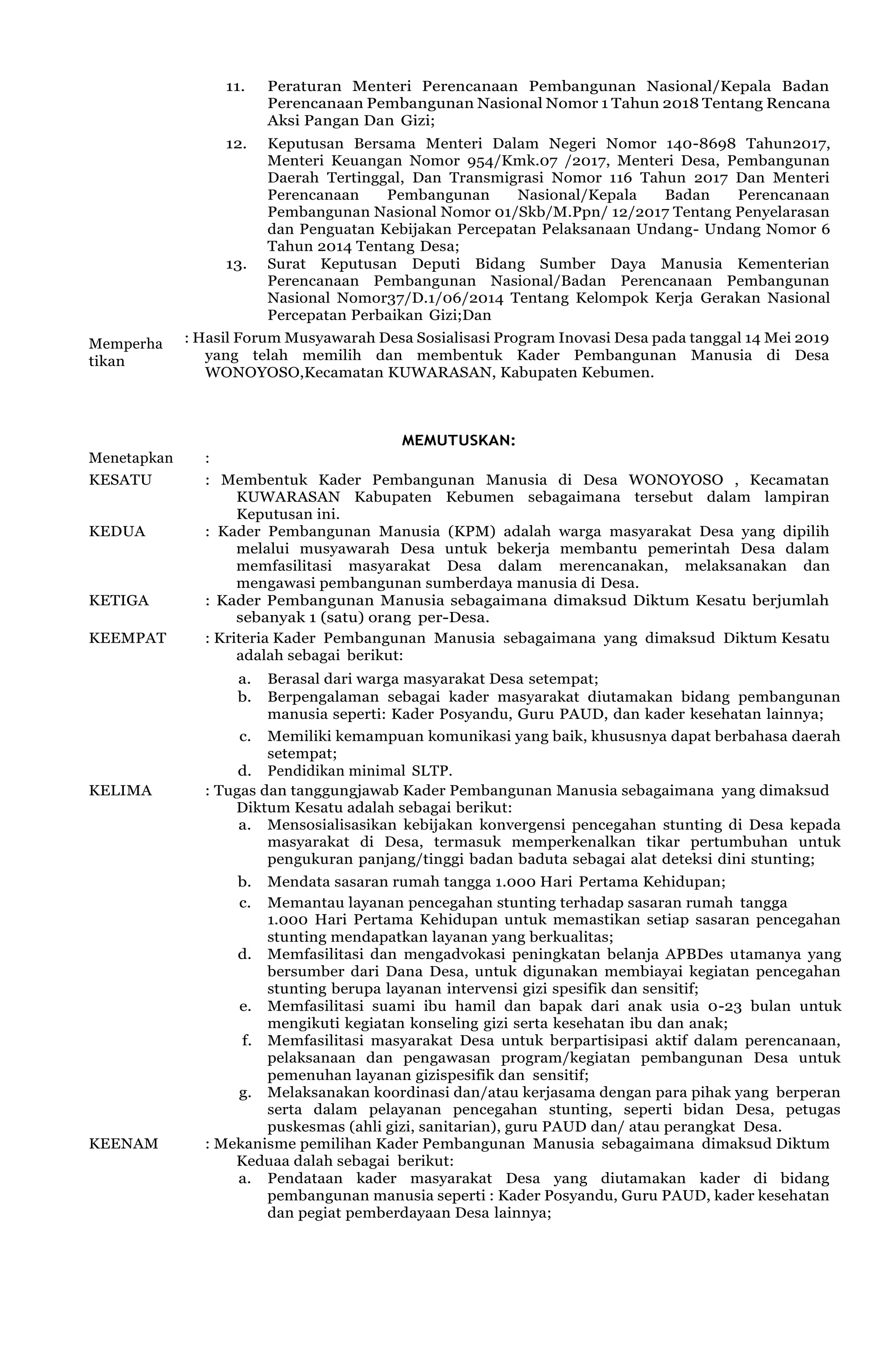 KEPUTUSAN KEPALA DESA TENTANG KADER PEMBANGUNAN MANUSIA (KPM) | PDF