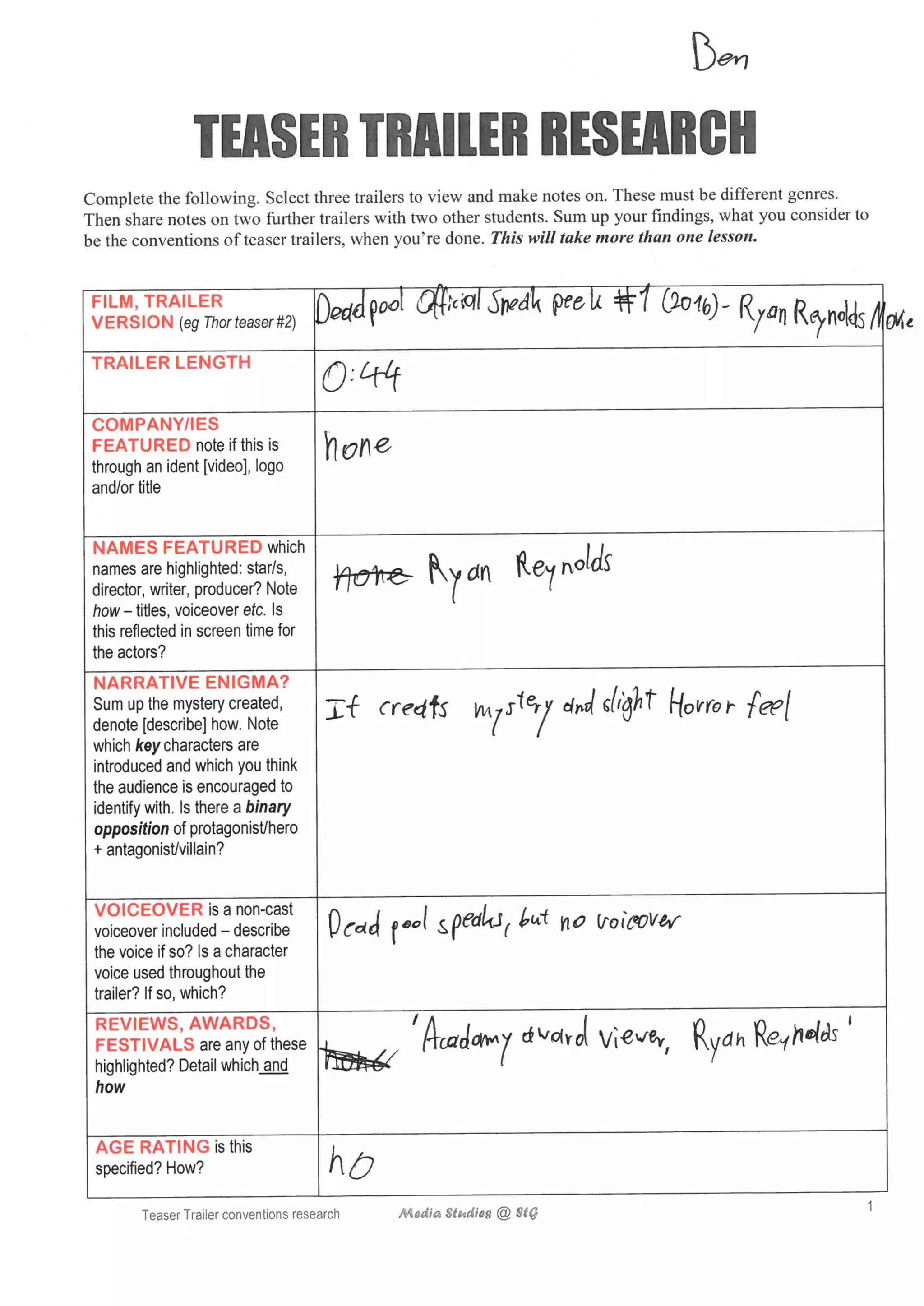 Teaser trailer analyses Ben Adam | PDF