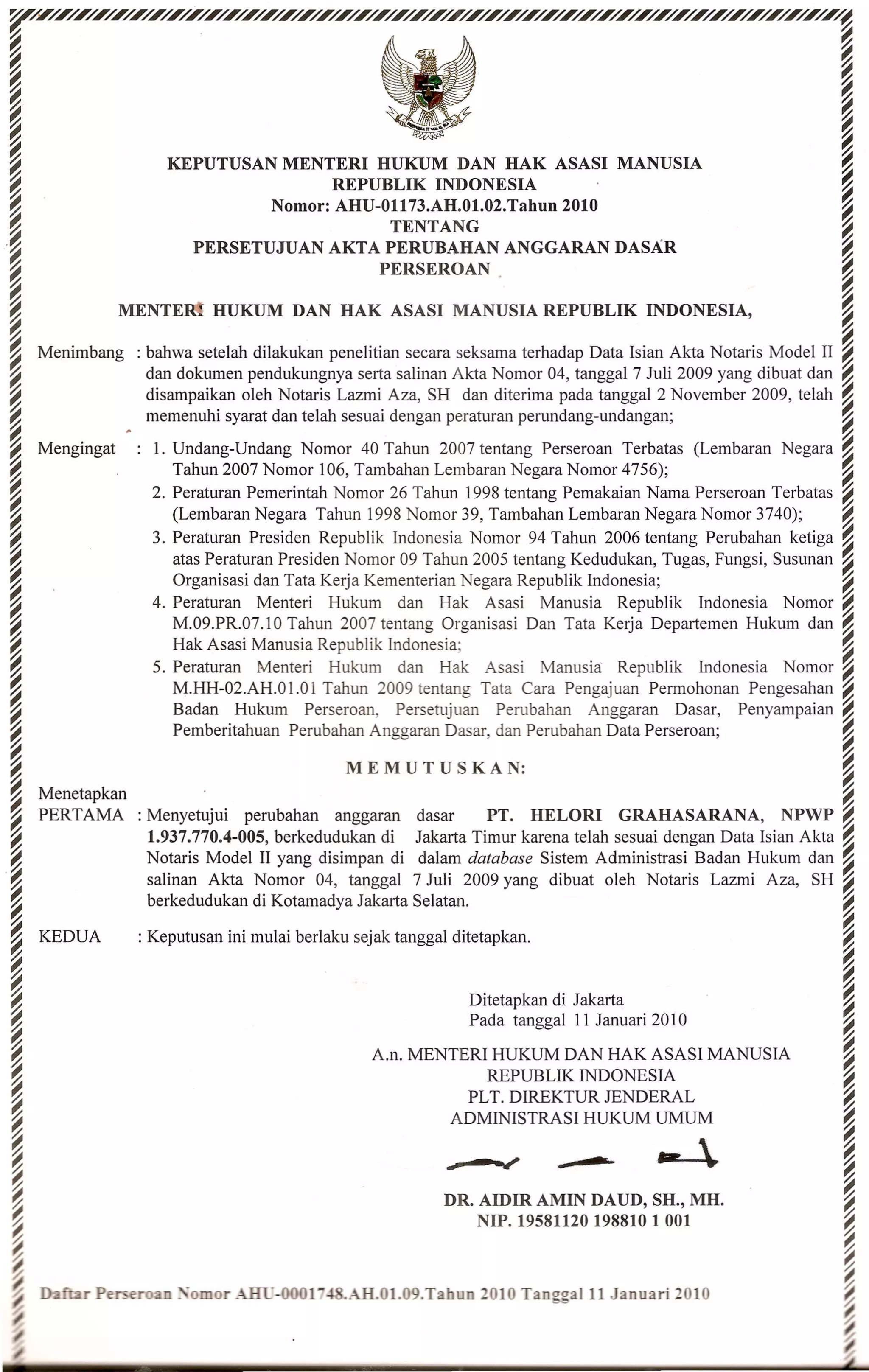 Sk menkumham ri persetujuan akta perubahan anggaran dasar pt. helori ...