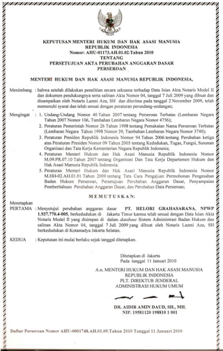 Sk menkumham ri persetujuan akta perubahan anggaran dasar pt. helori grahasarana | PDF