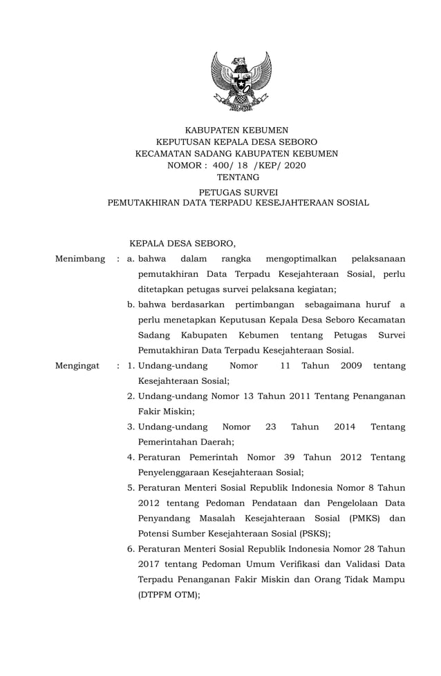 SK No.18 TA 2020 tentang Tencacah Lapangan (DTKS) | PDF