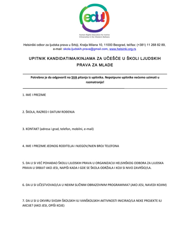 Škola ljudskih prava za mlade 2013 - Upitnik za kandidate | DOC