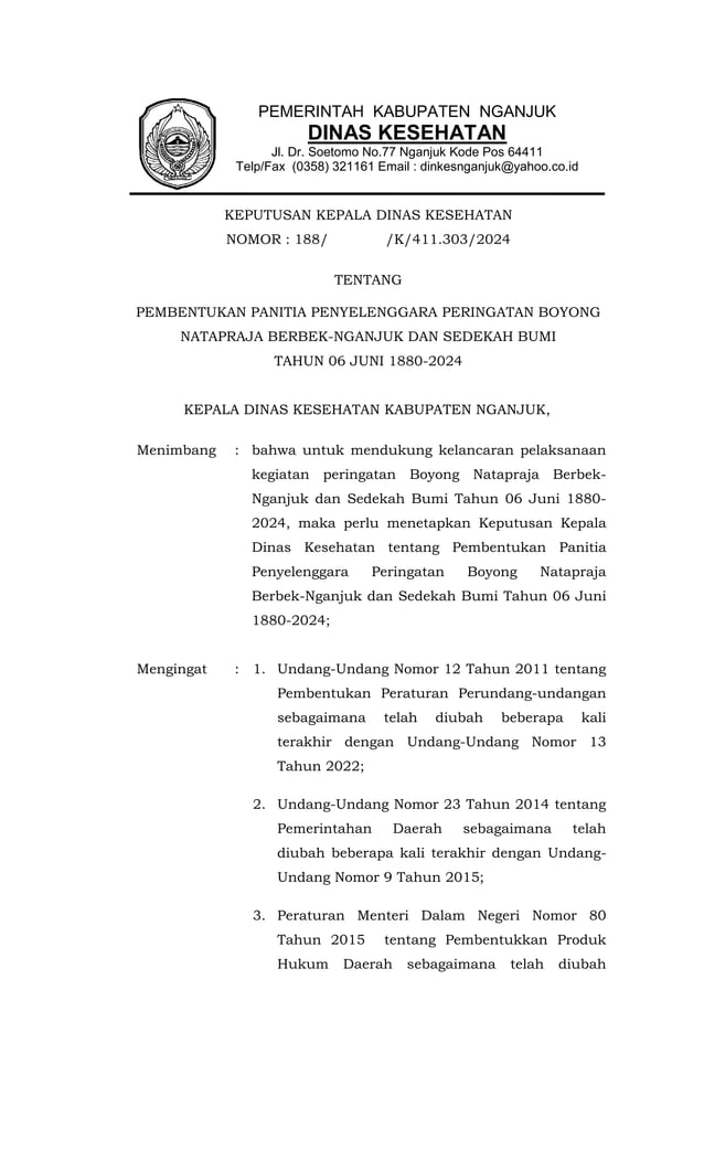 contoh SK PANITIA KEGIATAN BOYONG DI DINAS KESEHATAN | DOC