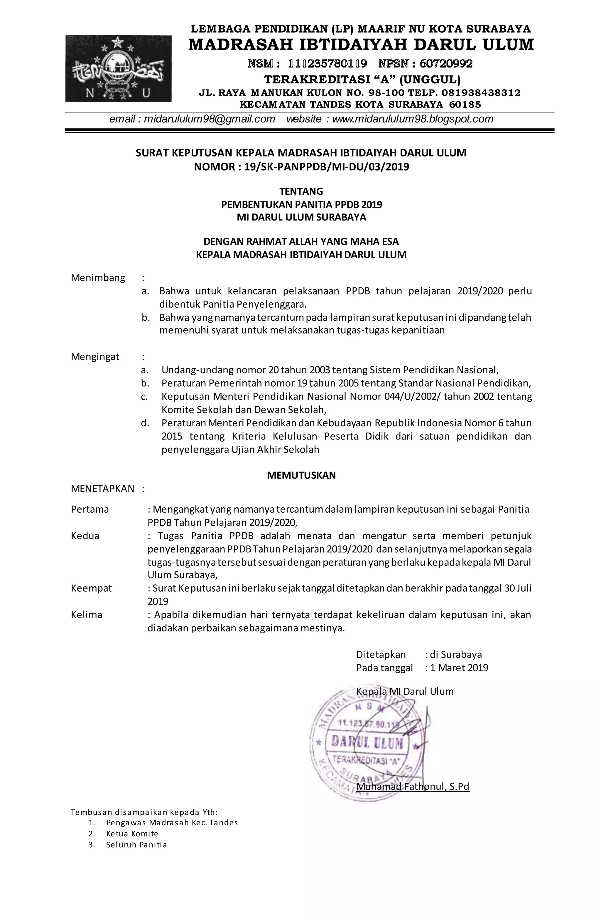 Sk panitia ppdb 2019 | PDF