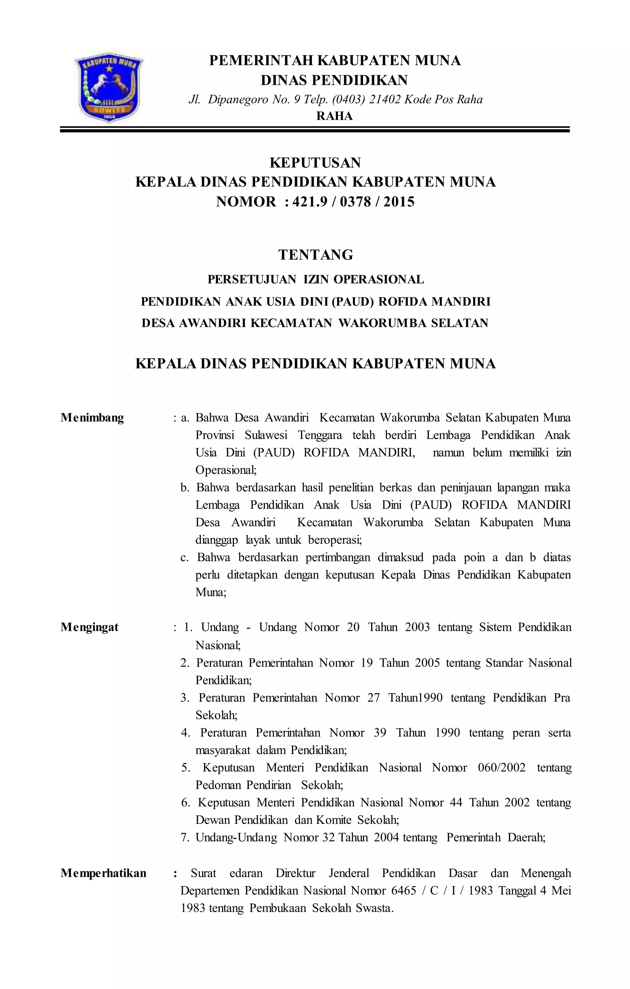 Sk paud rofida mandiri | DOCX