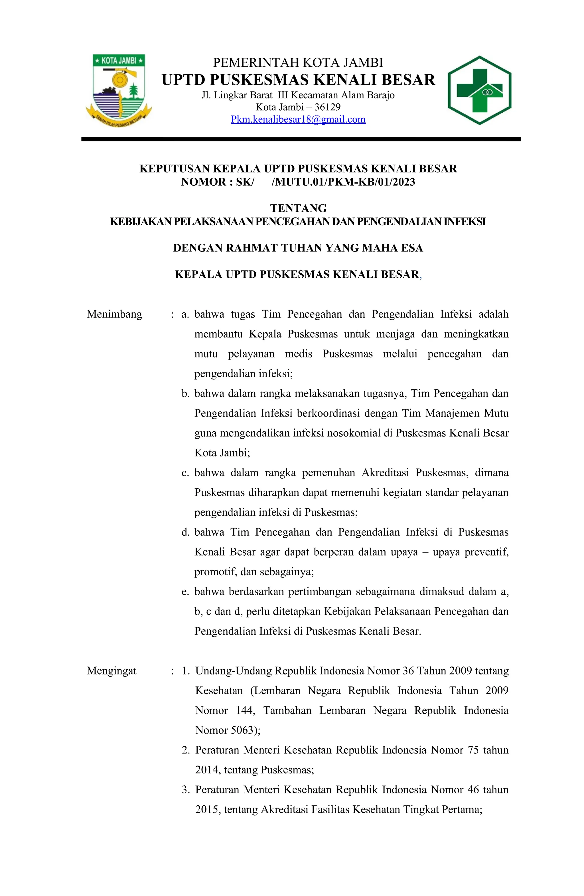 sk pelaksanaan ppi di puskesmas kenali besar | DOCX