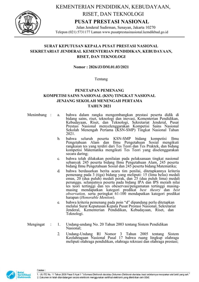 Sk pemenang ksn smp nasional 2021 | PDF