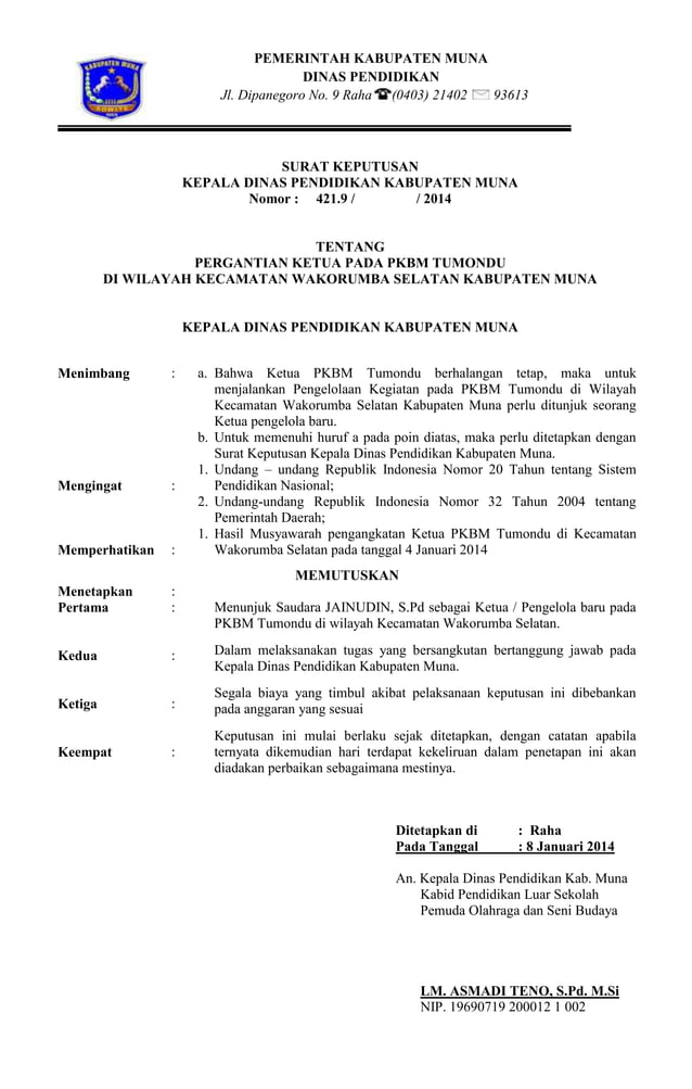 Sk pergantian kepengurusan pkbm tumondu pure | DOCX